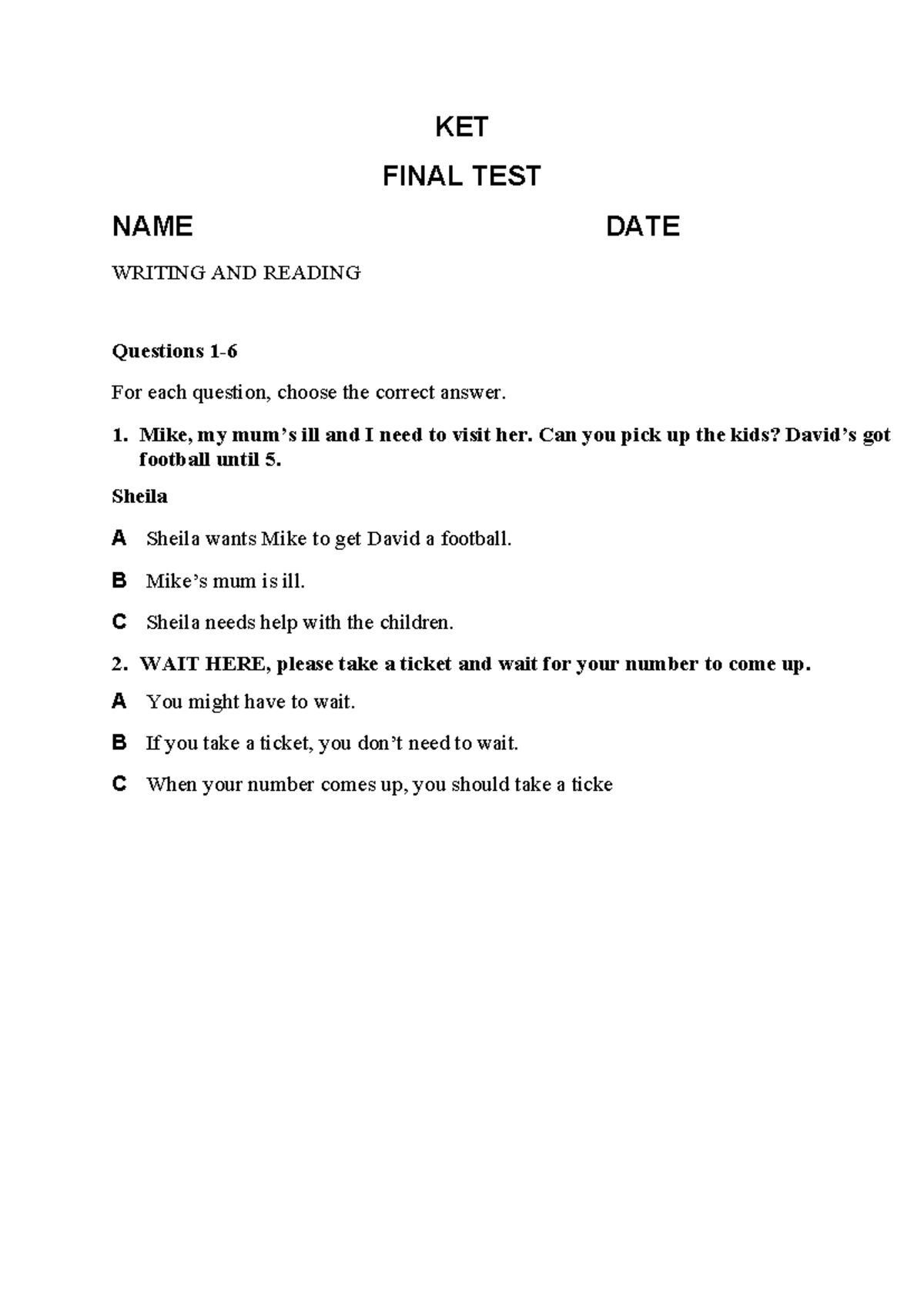 KET Final Test: Writing and Reading Questions with Answers - Studocu