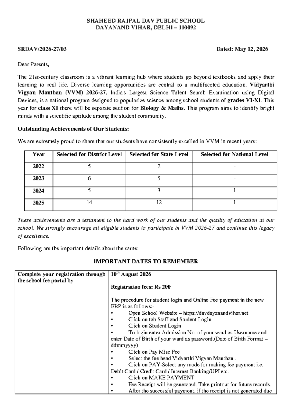 VVM Circular 2026-27: Important Updates for Students and Parents - Studocu