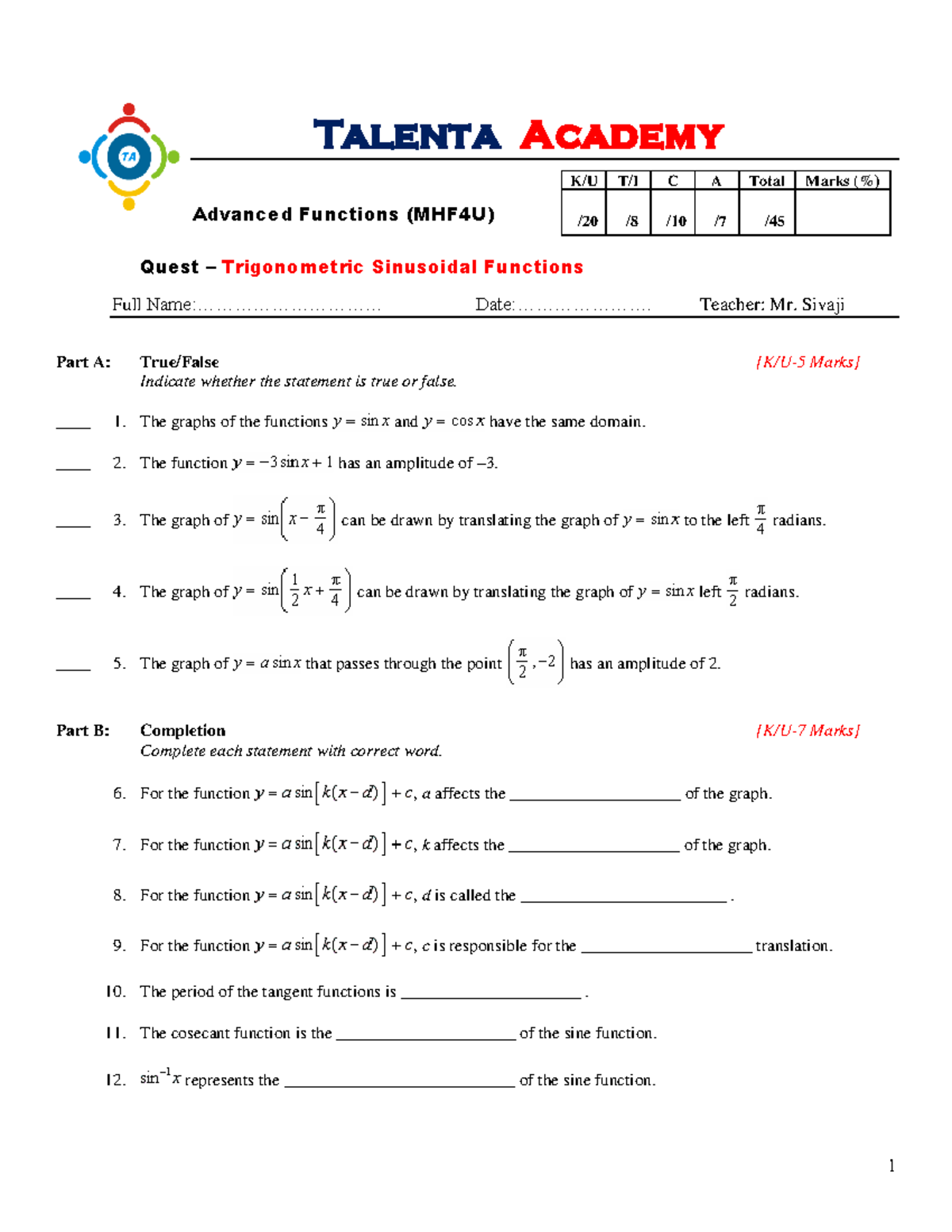 Trig Sinusoidal Functions Test (MHF4U) - Full Mark Quest - Studocu