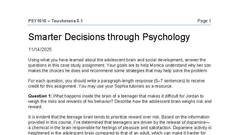 PSY1010 Case Study 2: Understanding Adolescent Decision-Making - Studocu