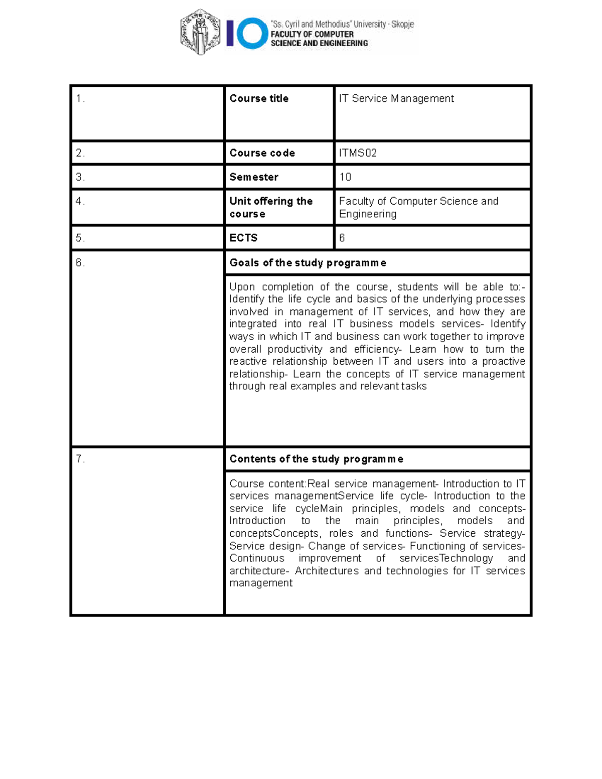 ITMS02 - IT Service Management Course Overview and Goals - Studocu