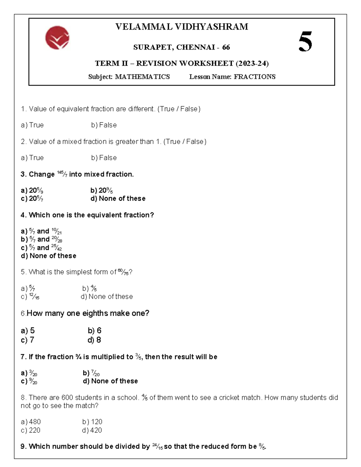 G5 T2 Math Revision Worksheet: Fractions Lesson - Studocu