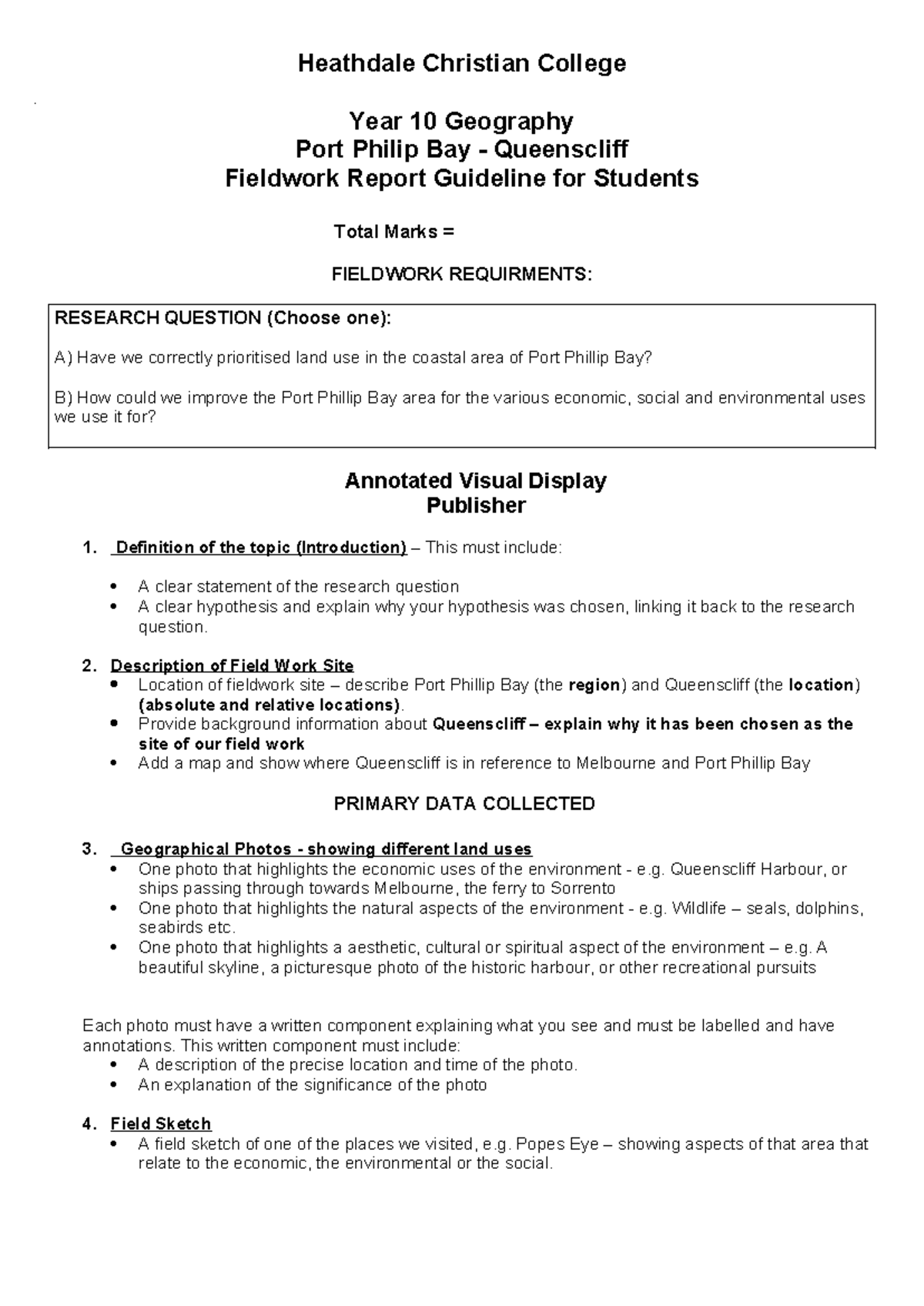 Year 10 Geography Fieldwork Report: Port Phillip Bay 2025-1 - Studocu