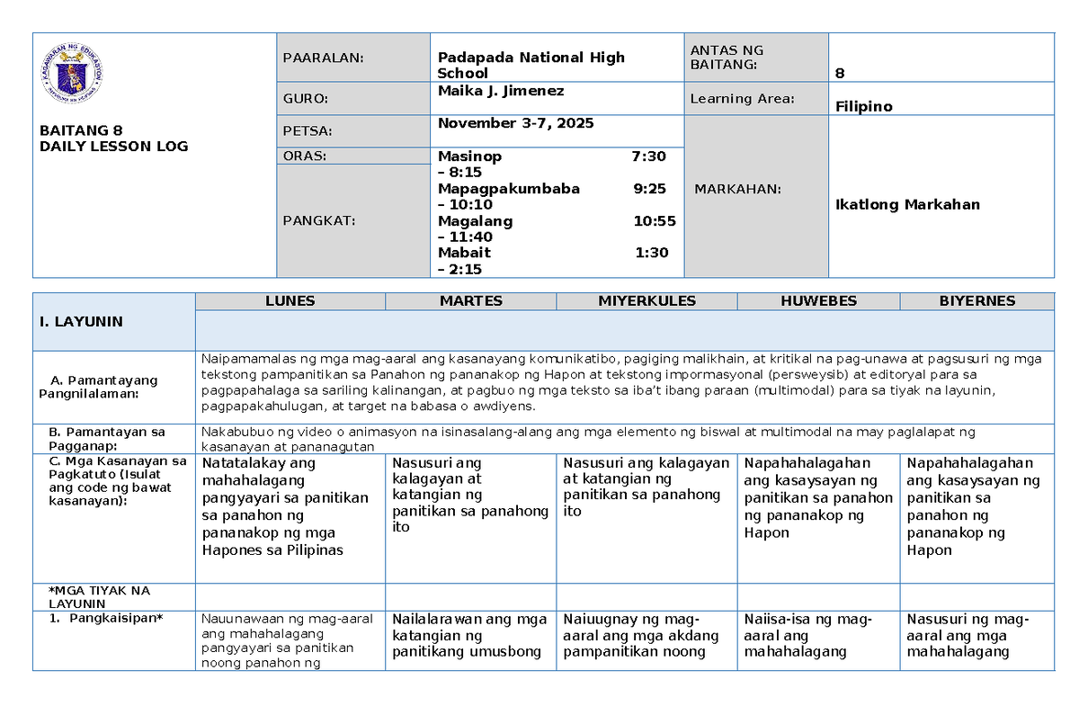 FIL 8: Daily Lesson Log for 3rd Quarter - Week 1 - Studocu