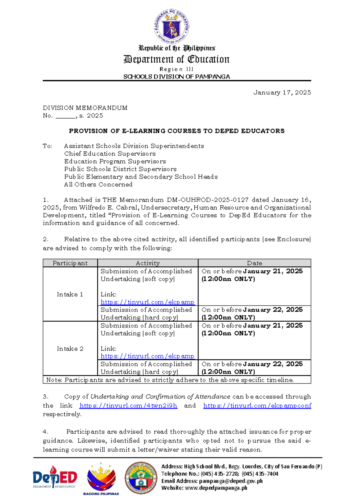 Division Memo NEAP E Learning Courses to Dep Ed Educators Intake 1 Participants Advance Copy ...