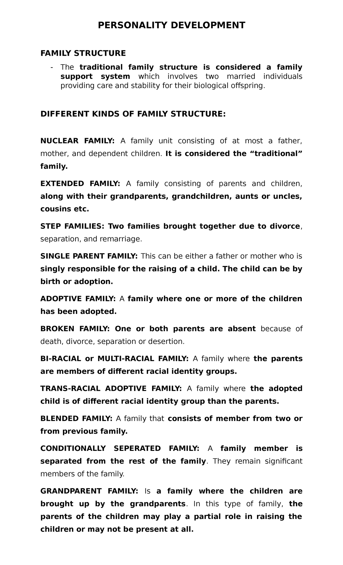 PERSONALITY DEVELOPMENT: FAMILY STRUCTURES AND INFLUENCES - Studocu