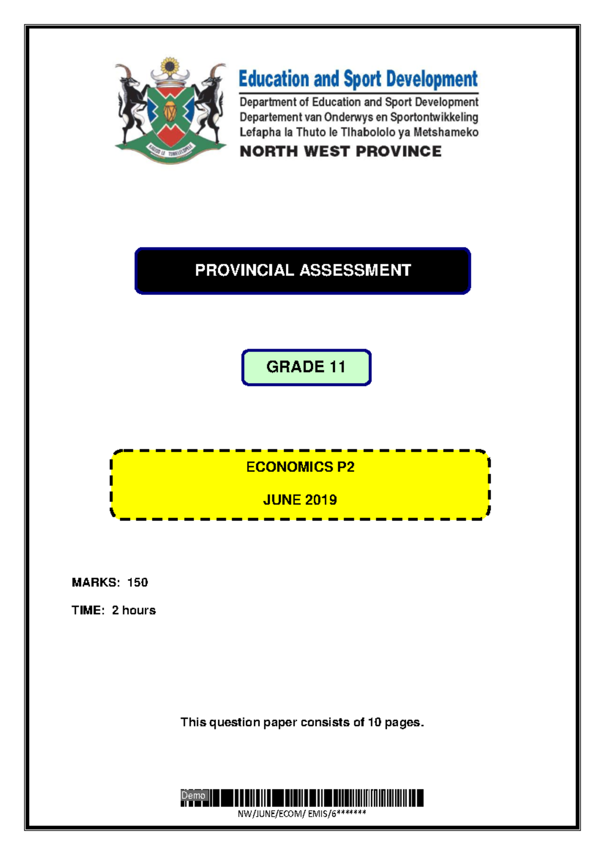 Economics GR 11 June 2019 Provincial Assessment Paper 2 - Studocu