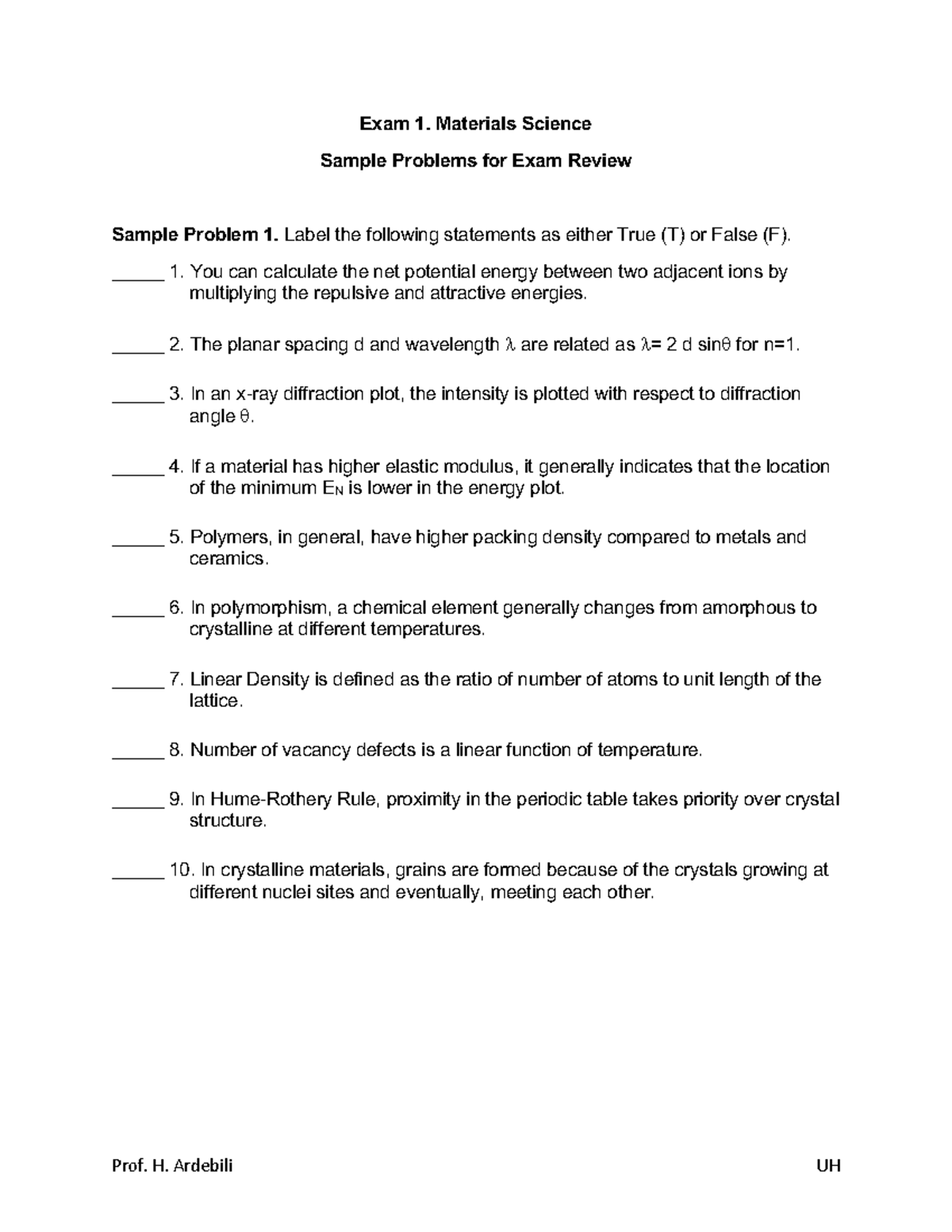 Exam 1 Sample Problems for Materials Science Review - Studocu