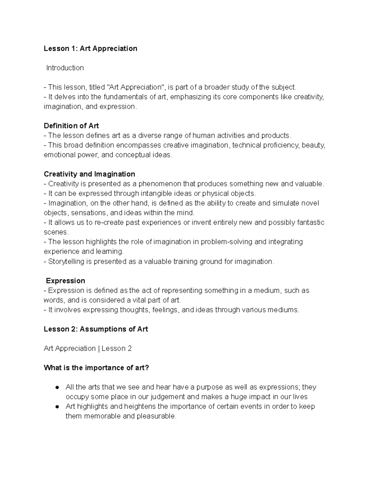 ART 101: Art Appreciation Prelim - Summary of Lessons 1-3 - Studocu