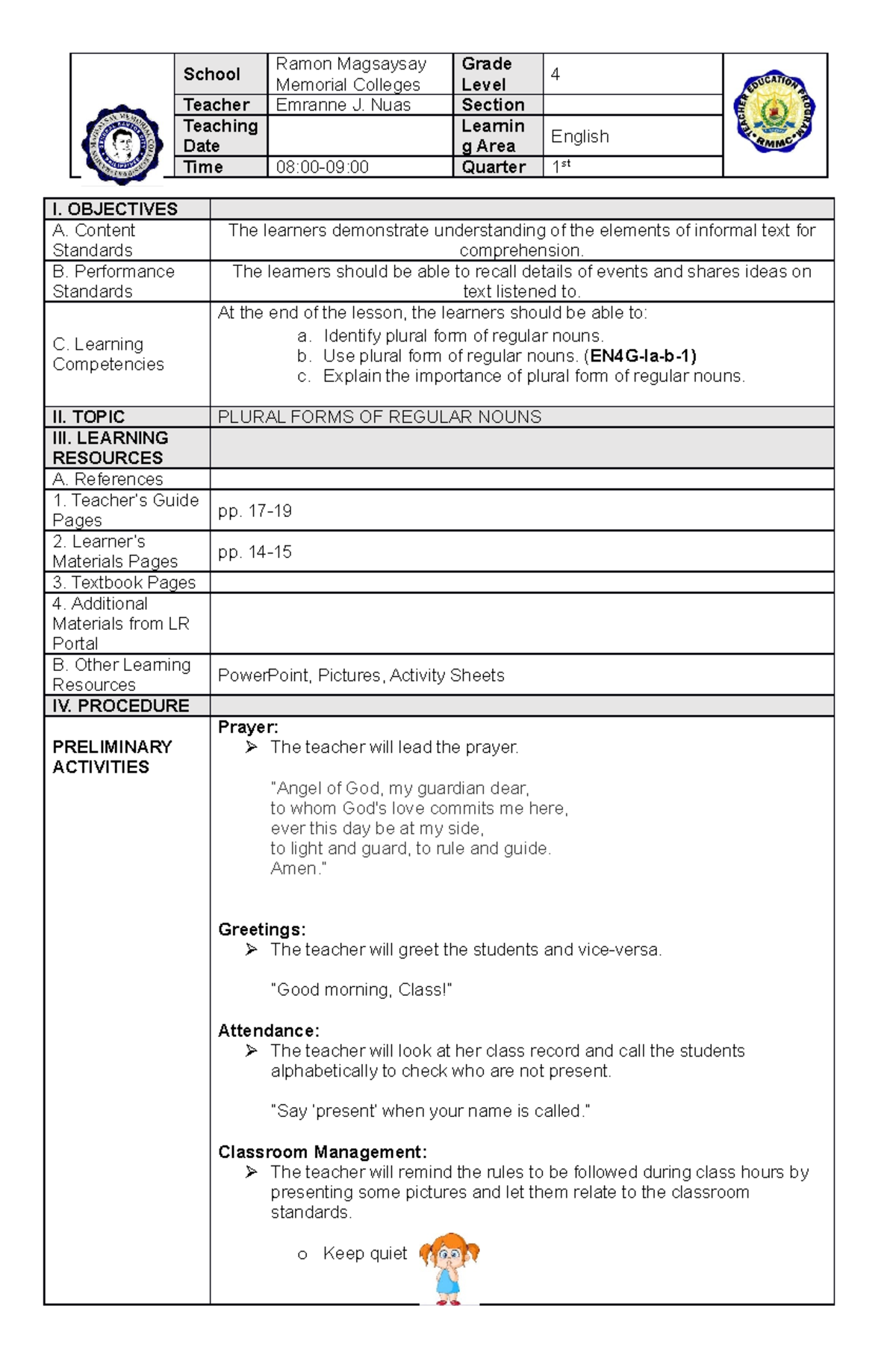 EN4 - Lesson Plan on Plural Forms of Regular Nouns for Grade 4 - Studocu