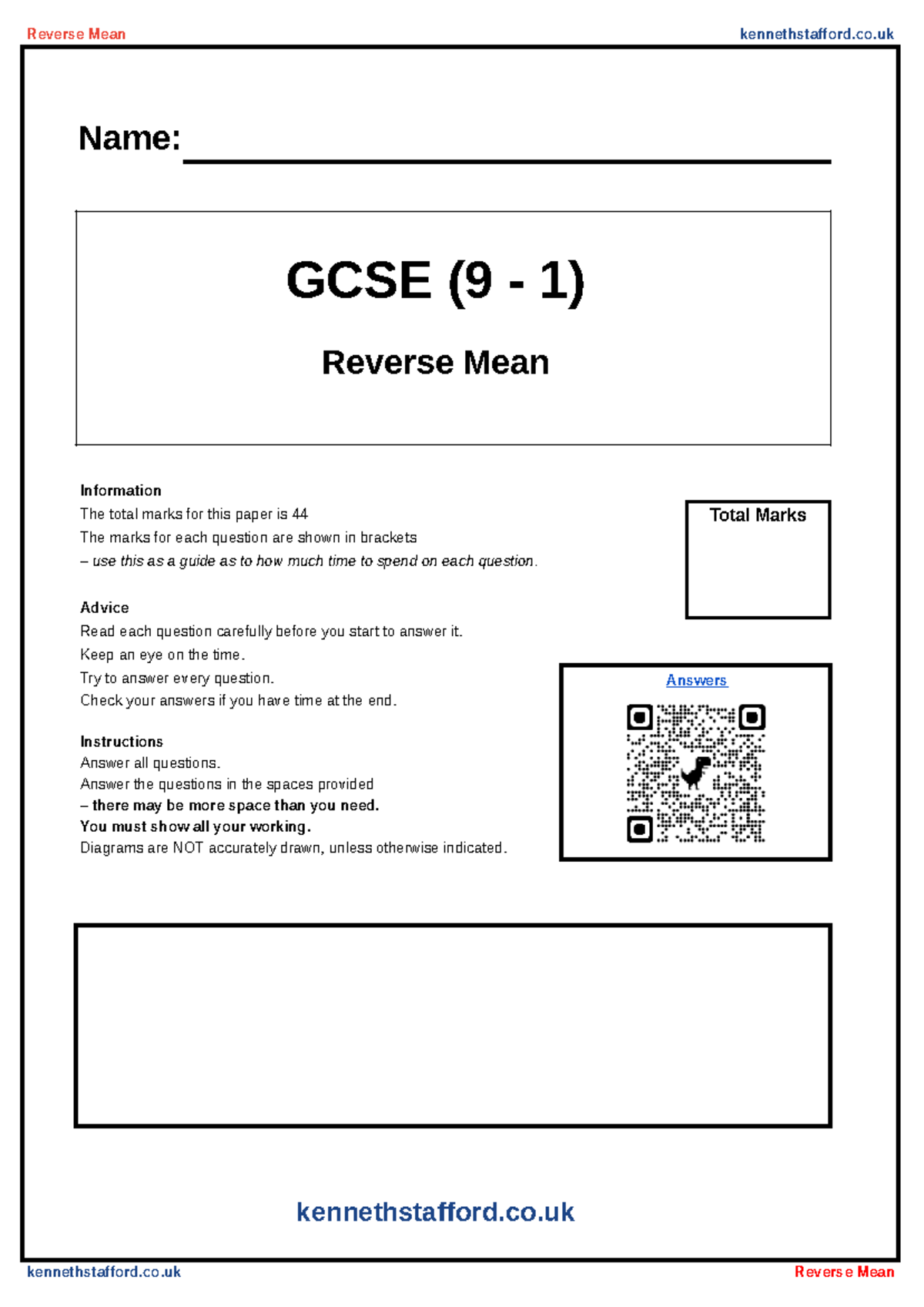 GCSE (9-1) Reverse Mean Practice Questions Booklet - Studocu