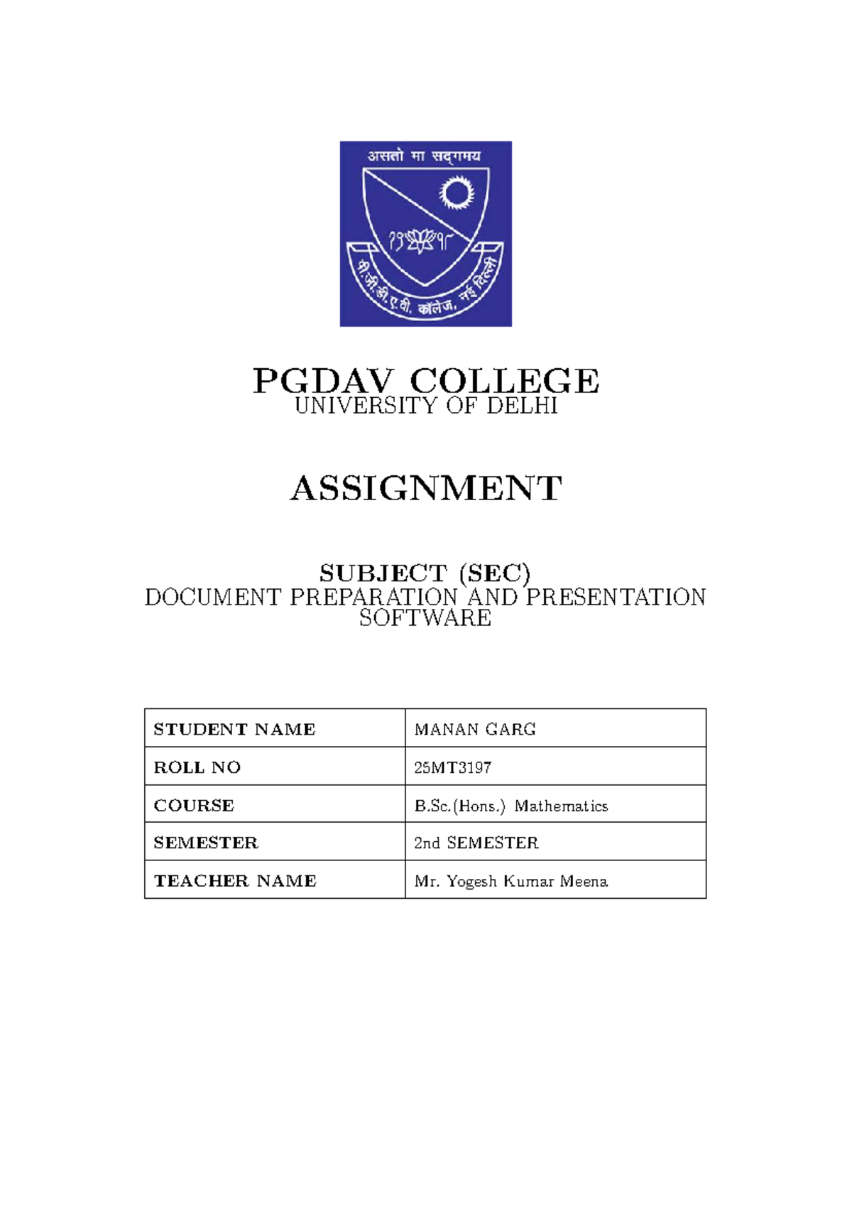 B.Sc. (Hons.) Mathematics SEC Assignment: Document Preparation ...