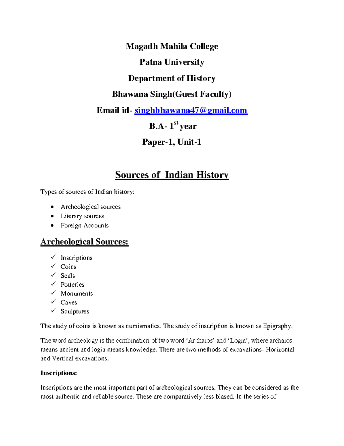 Sources of Indian History: Archeological & Literary Insights - Studocu