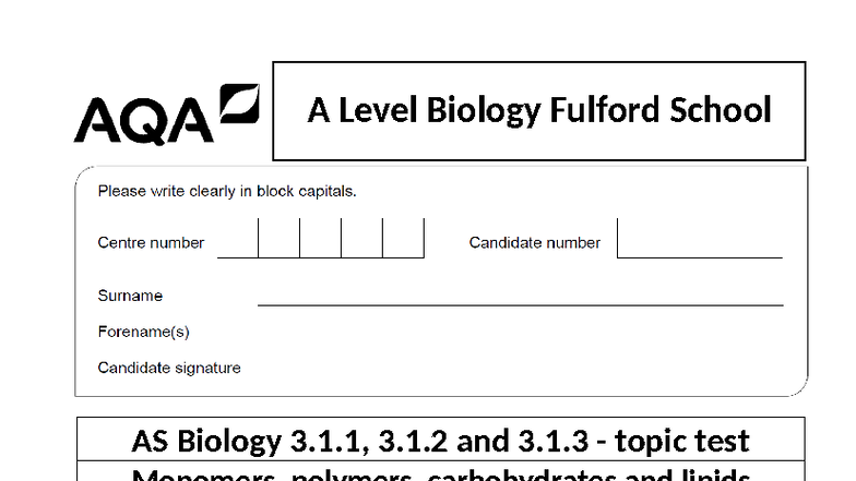 A Level Biology Fulford School AS Biology Monomers, Polymers, Carbs & Lipids - Studocu