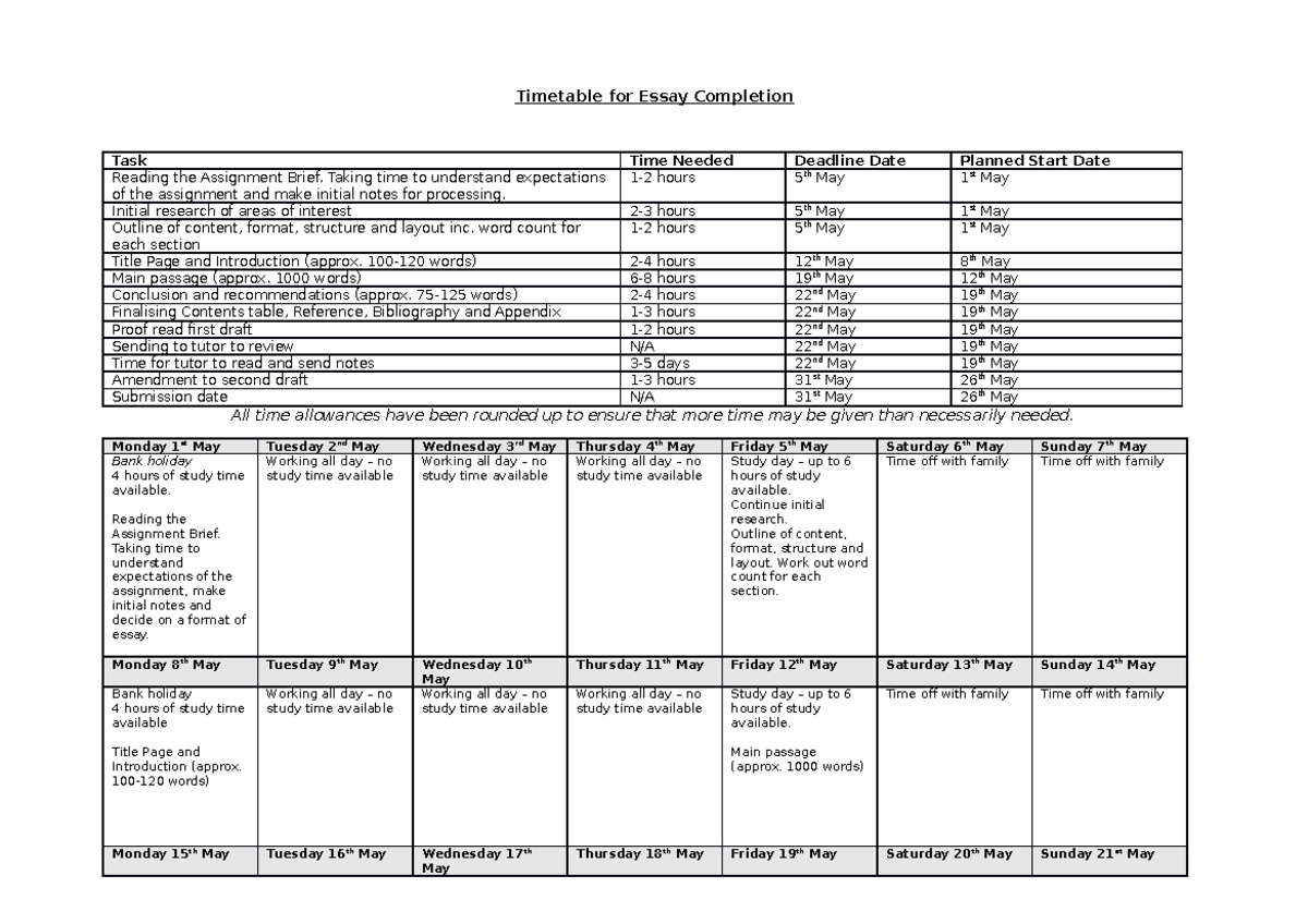 Calendar Timetable for Essay Completion Unit 3 Learn Direct - Timetable ...