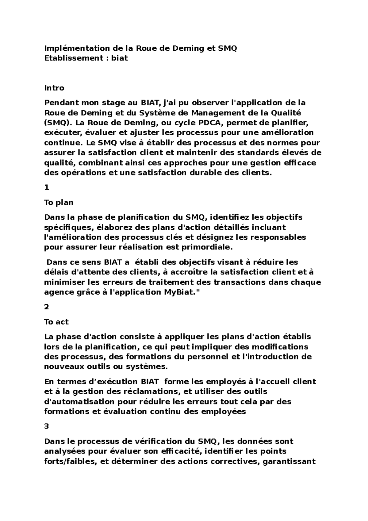 Implémentation de la Roue de Deming et SMQ au BIAT : Analyse et ...