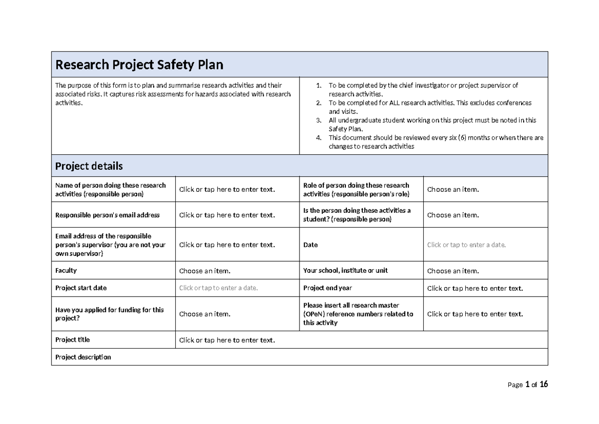 Research Project Safety Plan: Risk Assessment and Management Guide ...