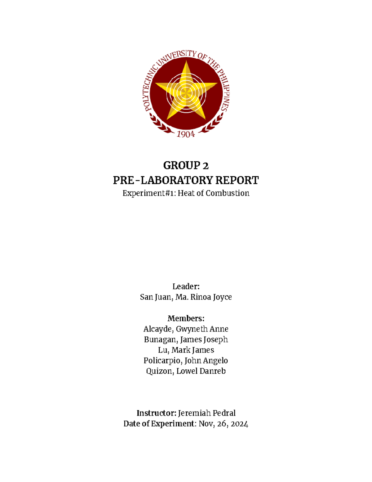 Pre-Laboratory Report on Heat of Combustion Experiment LA#1 - Studocu