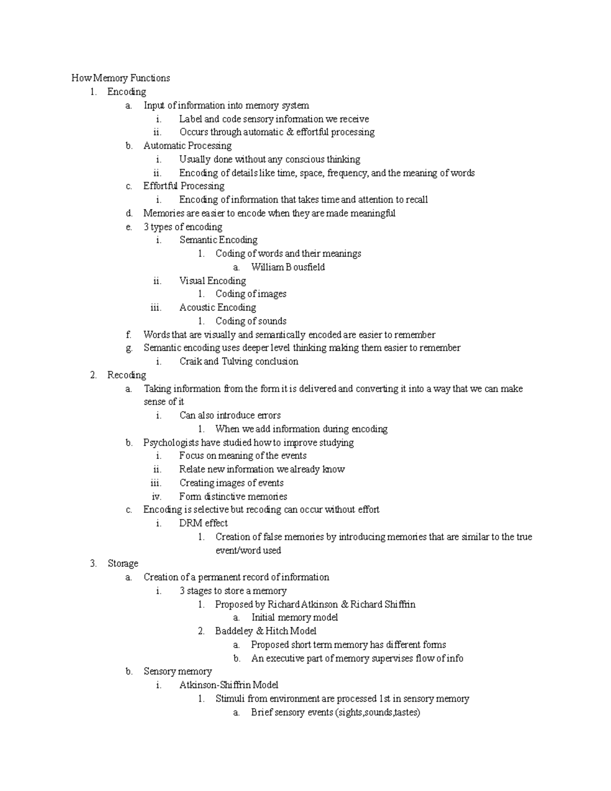 Memory Study Plan - Ybarra is professor, this is based off her powerpoints. - How Memory ...