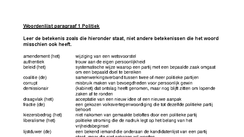 Woordenlijst 1: Belangrijke Politieke Termen voor Nederlands Toets ...