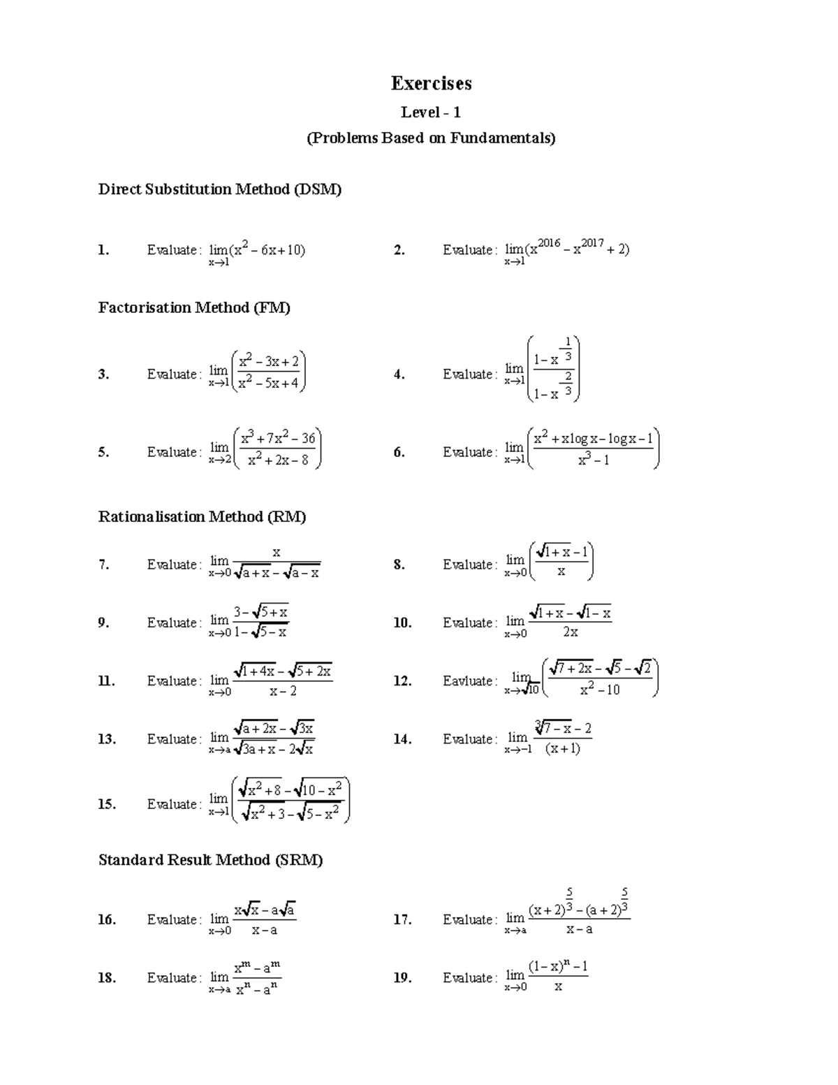 Limits - Jsisisi - Exercises Level - 1 (Problems Based on Fundamentals ...