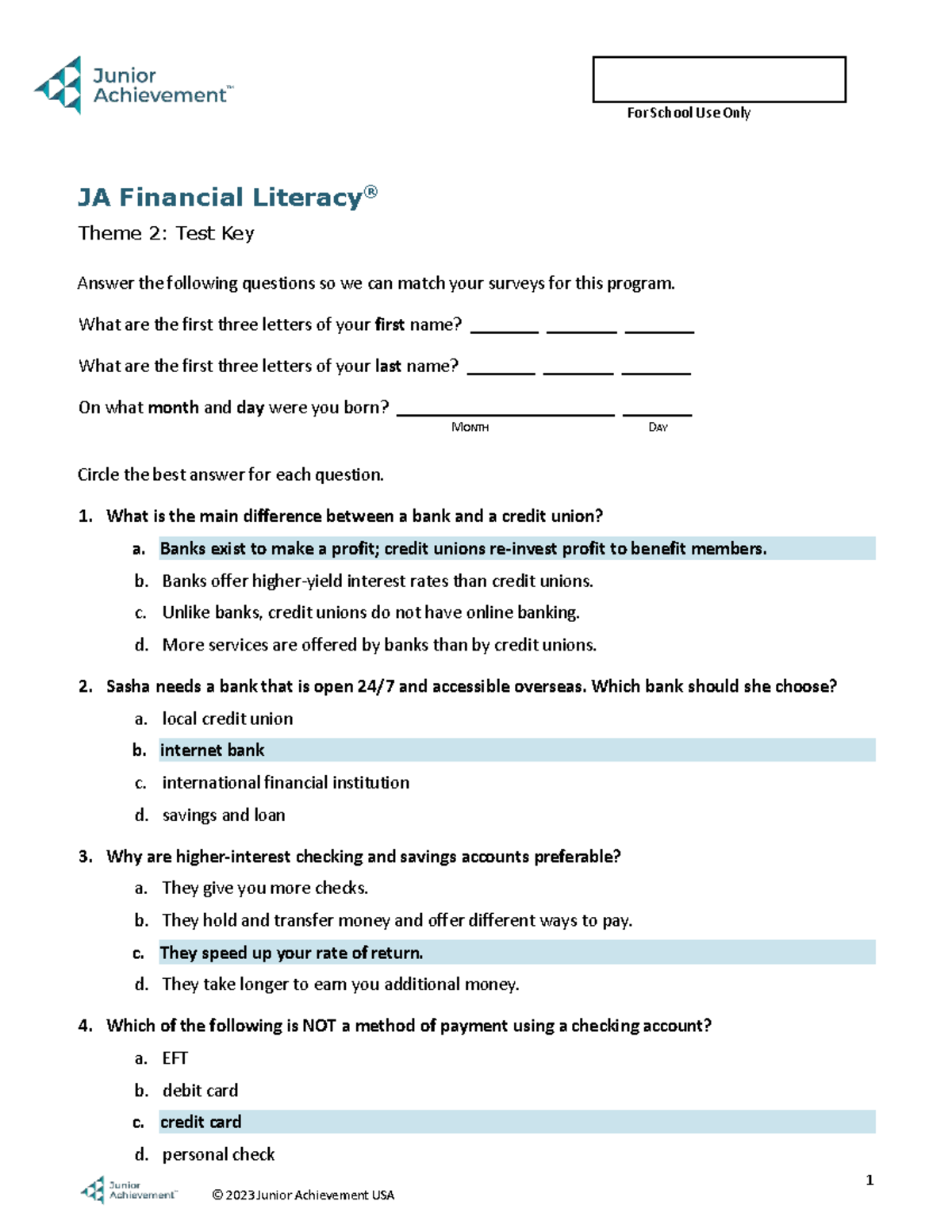 JA Financial Literacy® Theme 2: Test Questions & Answers Key - Studocu