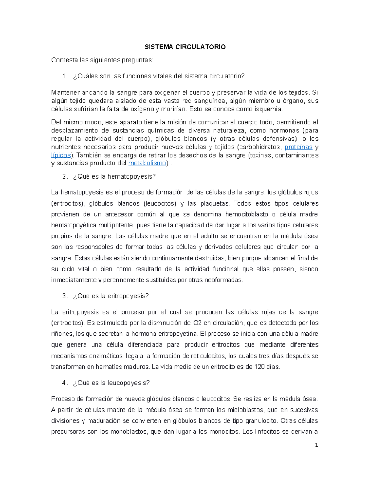 Actividades DE Sistema Circulatorio - SISTEMA CIRCULATORIO Contesta las ...