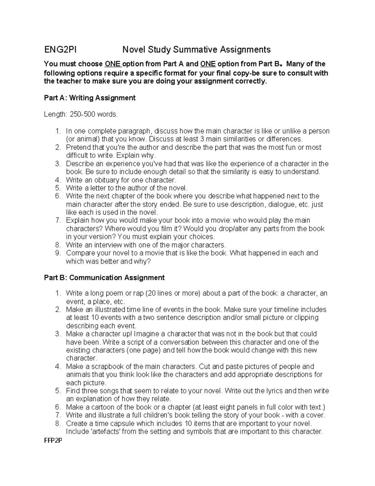 Eng2pi novel study summative assignments guidelines and options - Studocu