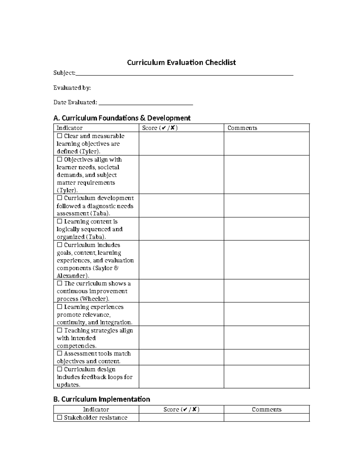 Curriculum Evaluation Checklist: Foundations, Implementation & Models ...