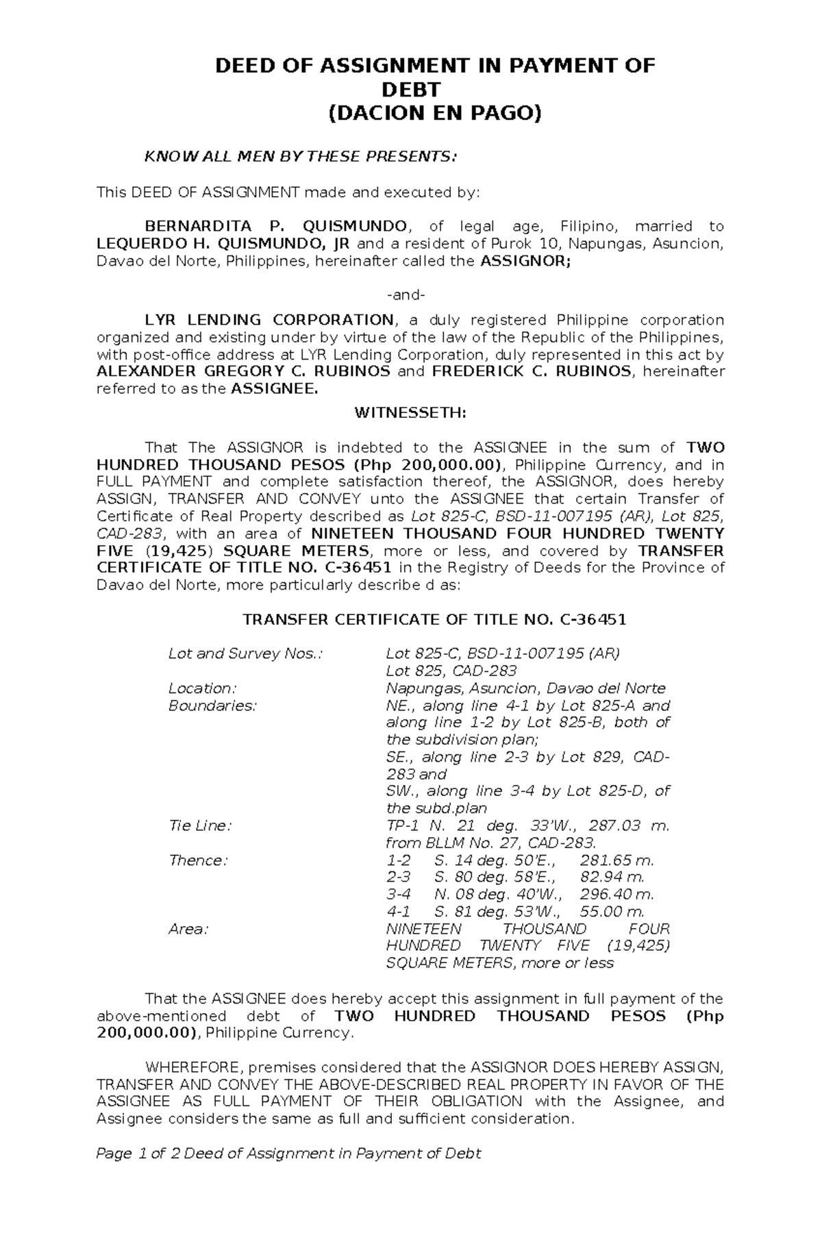 Deed of Assignment in Payment of Debt (Dacion en Pago) - Philippines ...