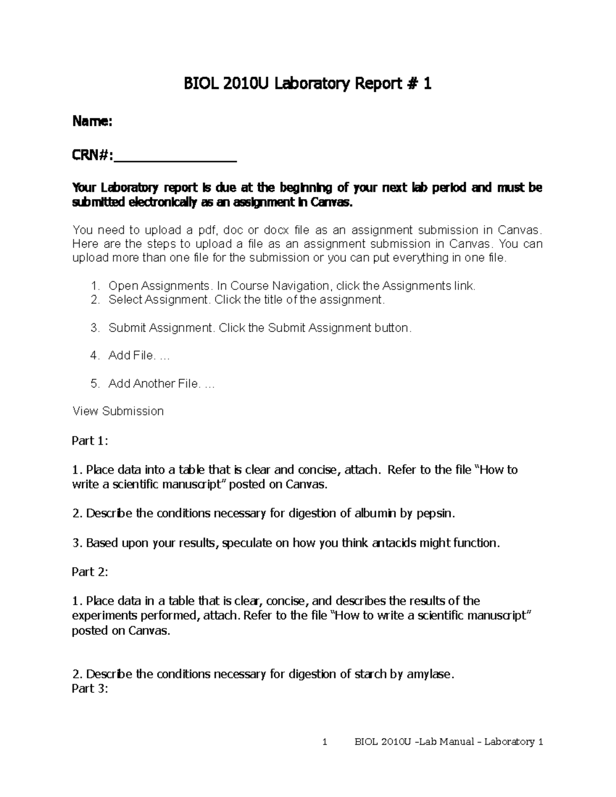 Lab 1 Digestion Lab Report 2020 - BIOL 2010 U Laboratory Report # 1 ...