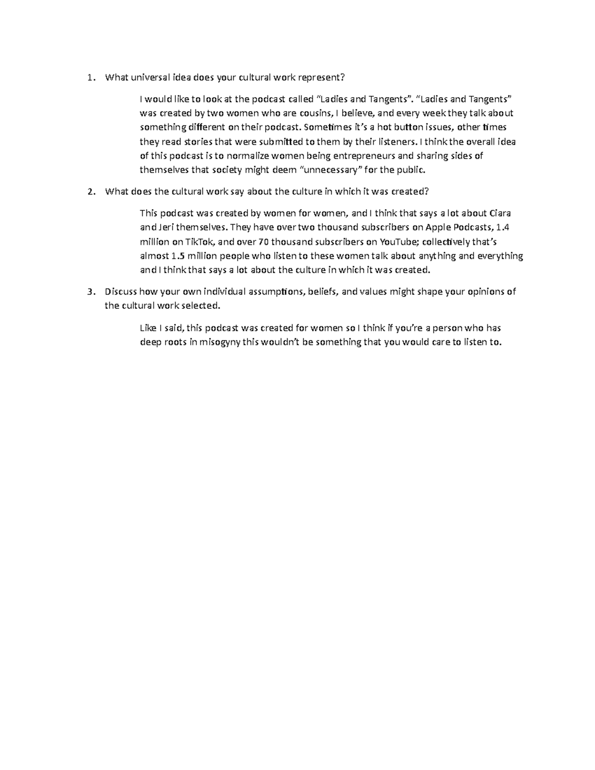 HUM 100 Module 3 Cultural Work Analysis: Ladies and Tangents Podcast ...