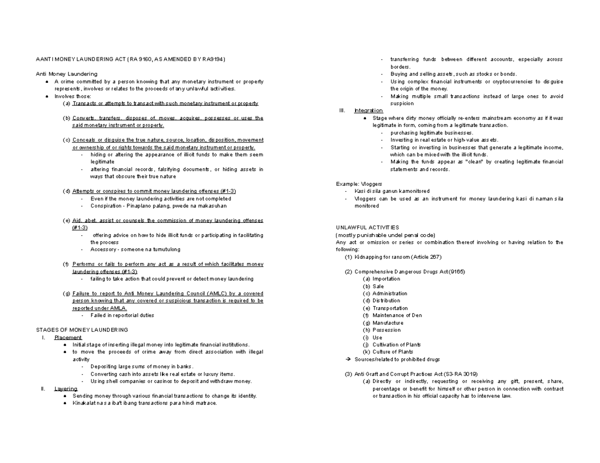 AMLA 1 - Anti Money Laundering Act (RA 9160, RA 9194) Notes - Studocu