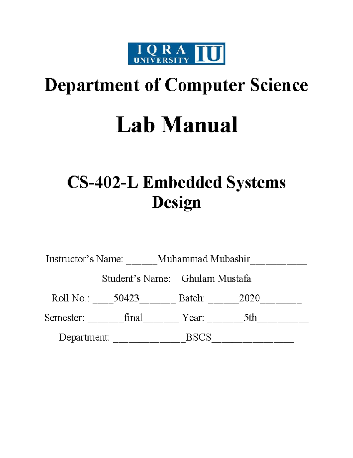 Lab Manual for Embedded Systems Design (BS(CS)) - Iqra University - Studocu