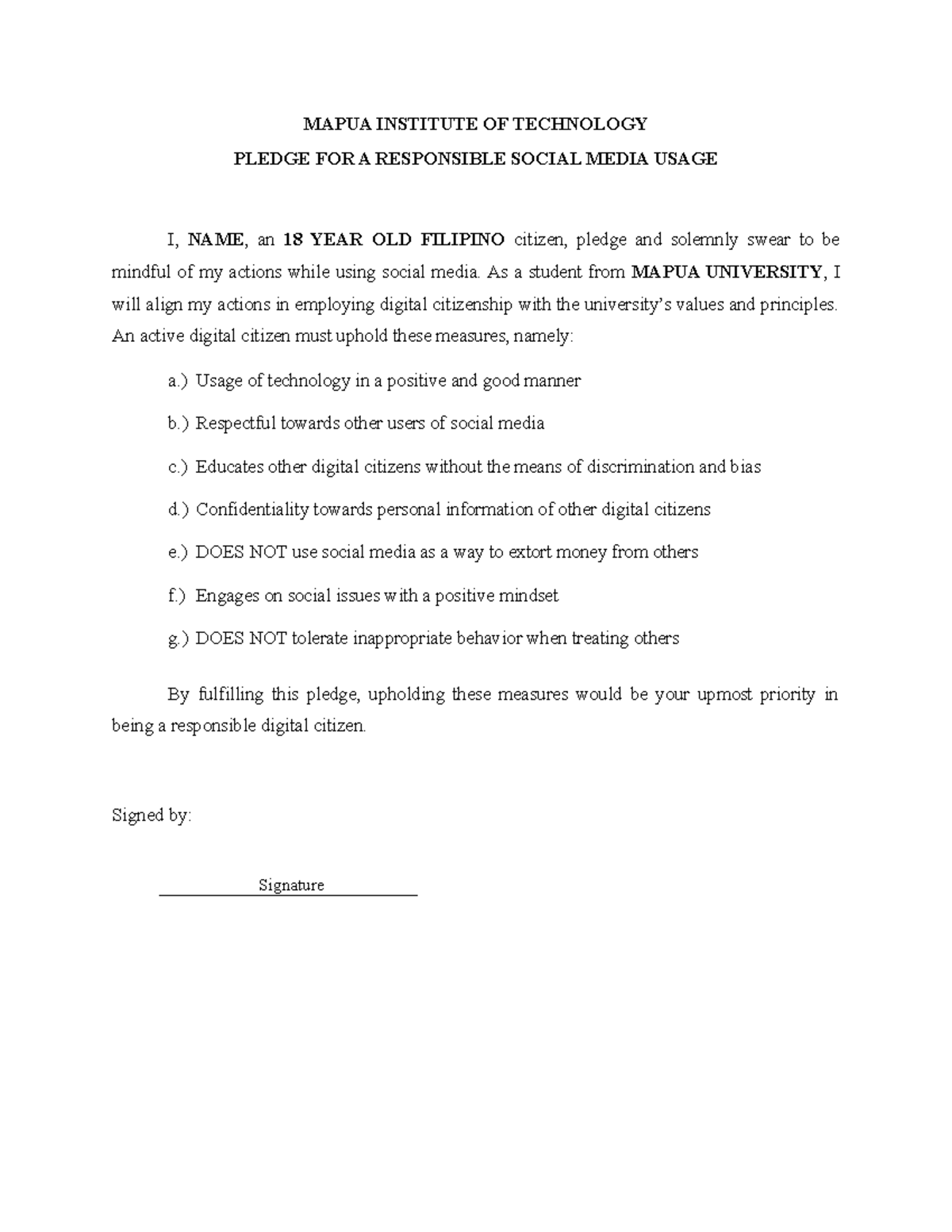Pledge for a Responsible Social Media Usage GED101 - MAPUA INSTITUTE OF ...