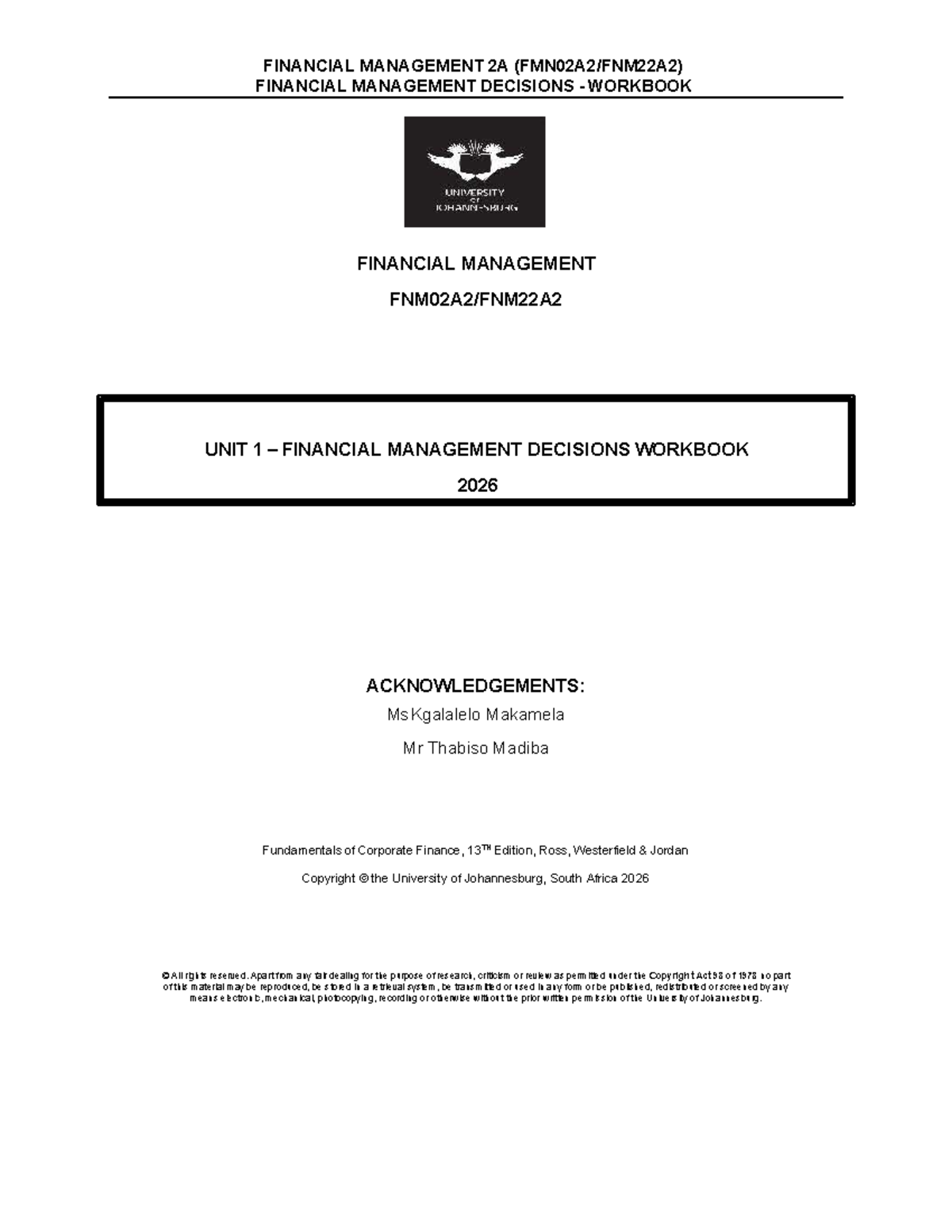 FINANCIAL MANAGEMENT 2A: UNIT 1 DECISIONS WORKBOOK 2026 - Studocu