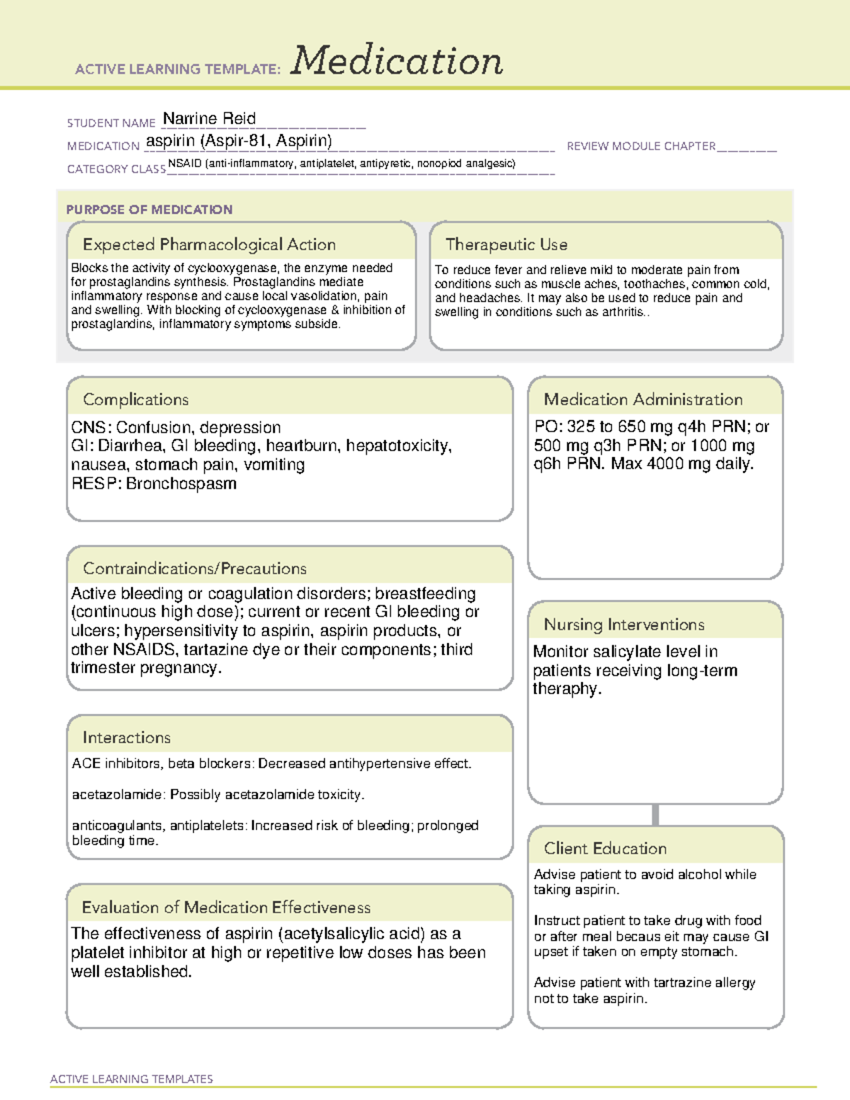 Pharmacology Drug Card: Aspirin (NSAID) - Active Learning Template ...