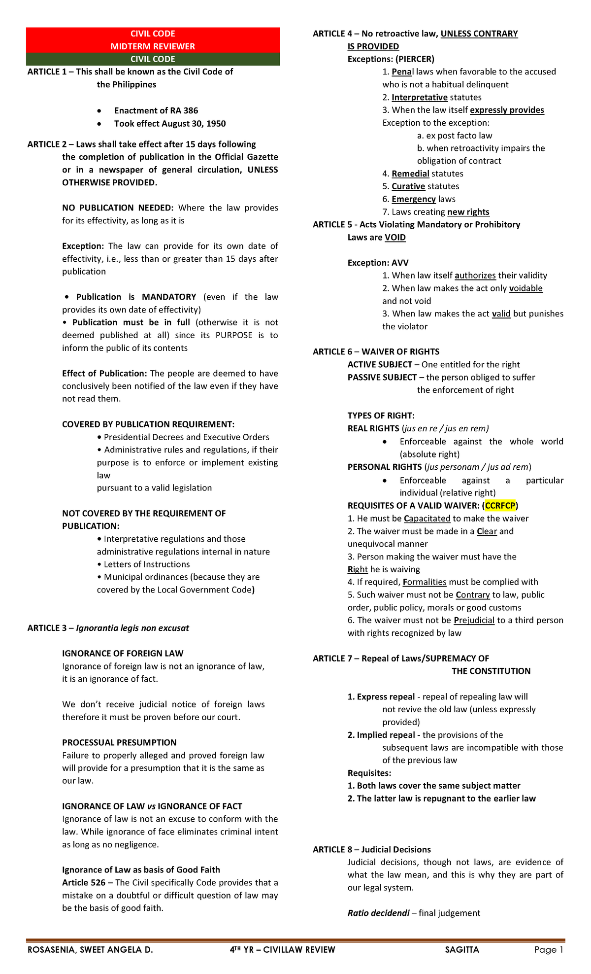 CIVIL LAW 4TH YR MIDTERM REVIEWER: CIVIL CODE ARTICLES 1-18 - Studocu