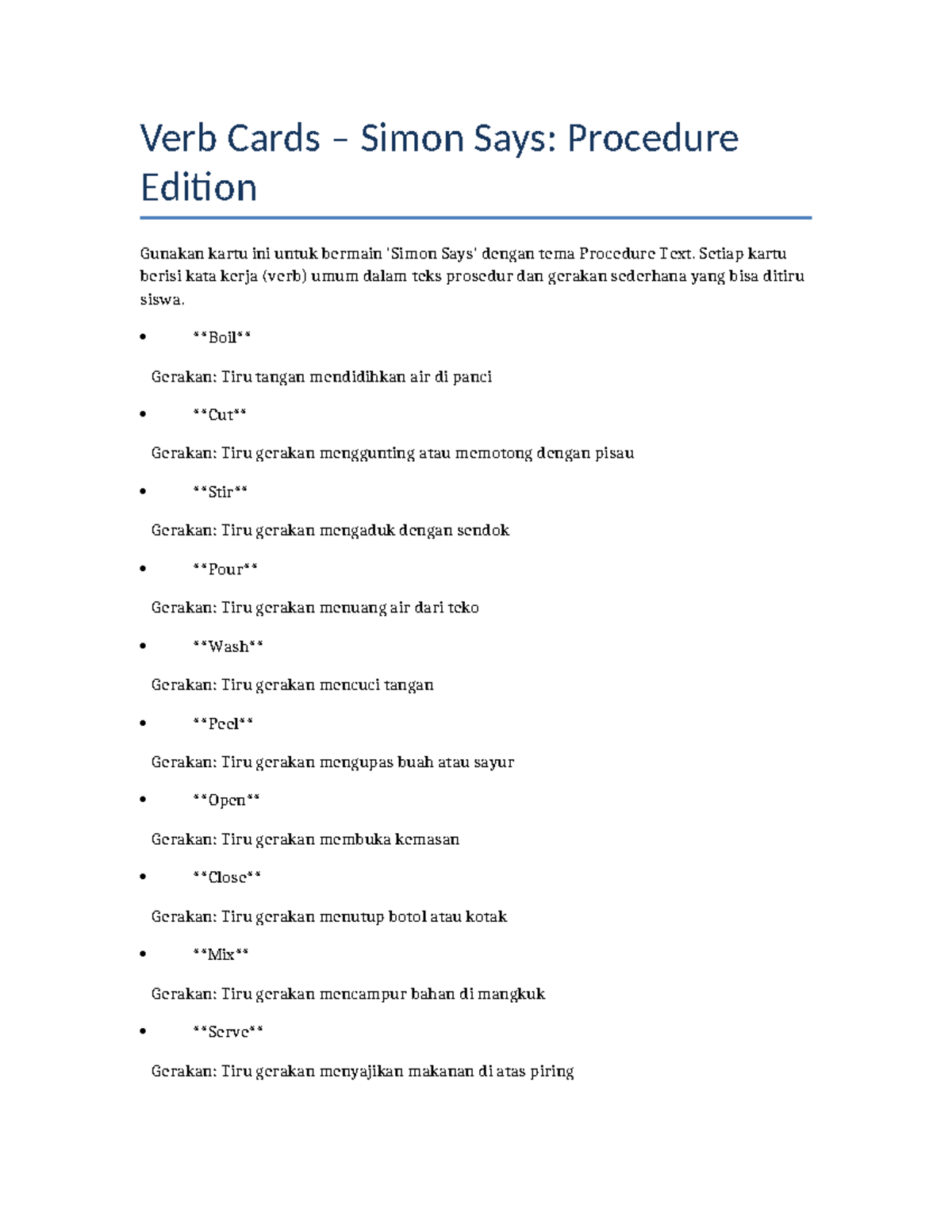 Verb Cards Simon Says Procedure Edition - Verb Cards – Simon Says ...