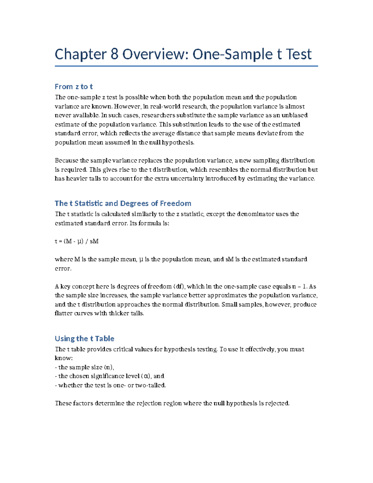 Chapter 8 Overview: One-Sample t Test in Statistics - Studocu