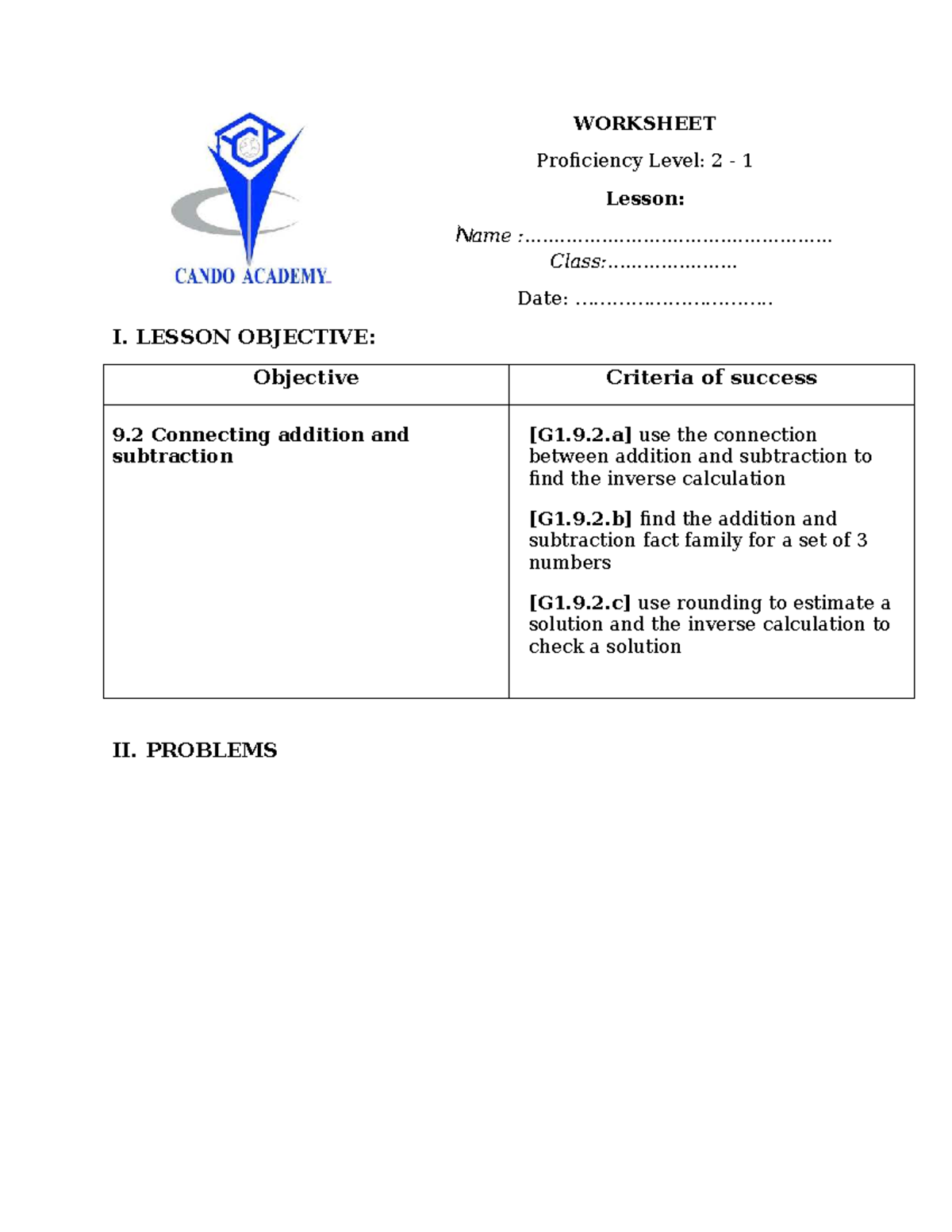 MATH 9 - Proficiency Level 2 Worksheet on Addition & Subtraction - Studocu