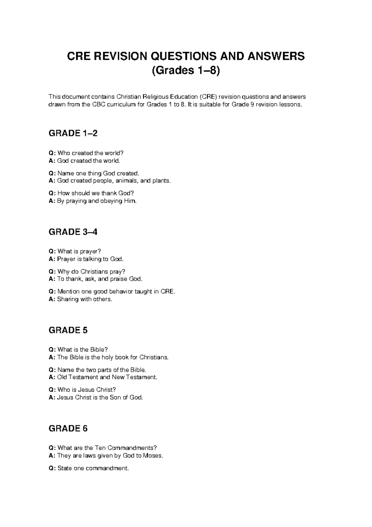 CRE Revision Questions & Answers for Grades 1-8 - Studocu