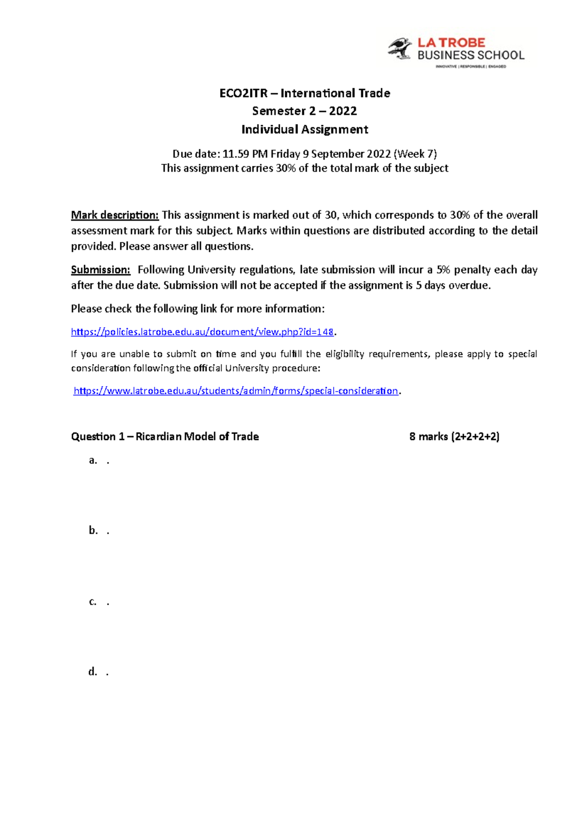 Answer Sheet - International Trade 2022 Individual Assignment - ECO2ITR ...