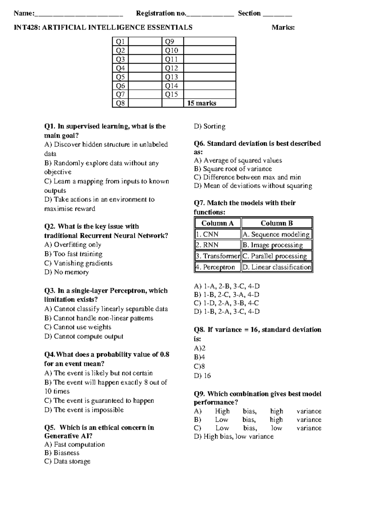 INT428: AI Essentials MCQ Review - Q1 to Q9 Marks - Studocu