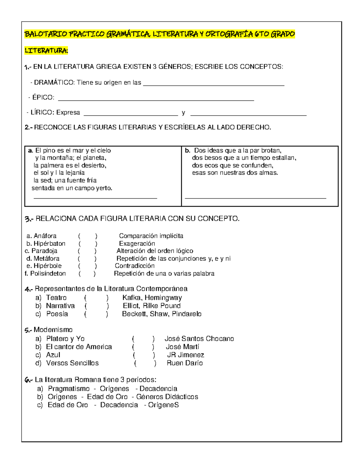 Balotario 6to Grado: Gramática, Literatura y Ortografía - Studocu