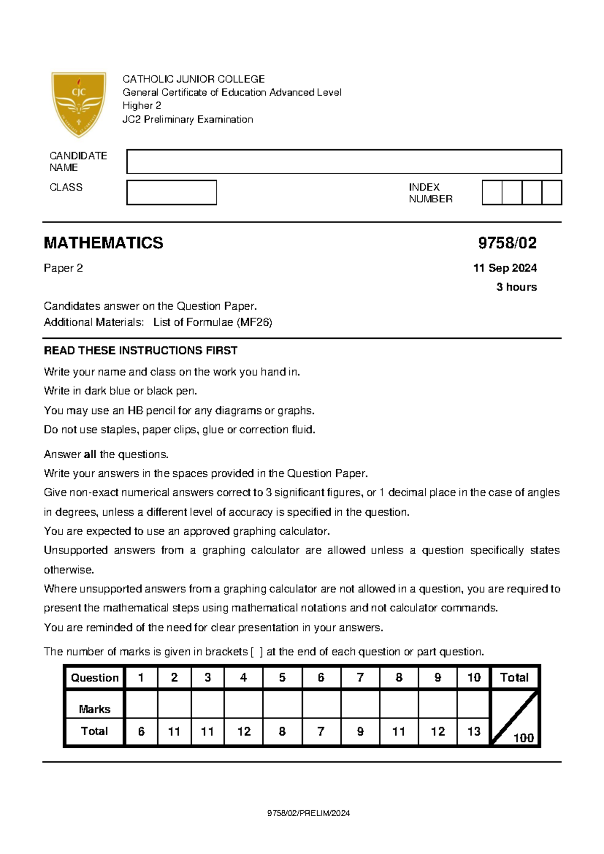 CJC 9758 2024 Prelim Mathematics Paper 2 Exam Instructions - Studocu