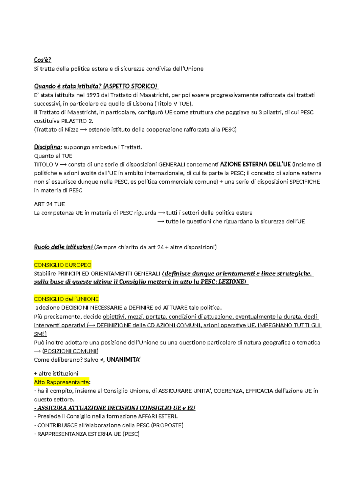 PESC - Riassunto Politica Estera e Sicurezza Comune dell'UE - Studocu