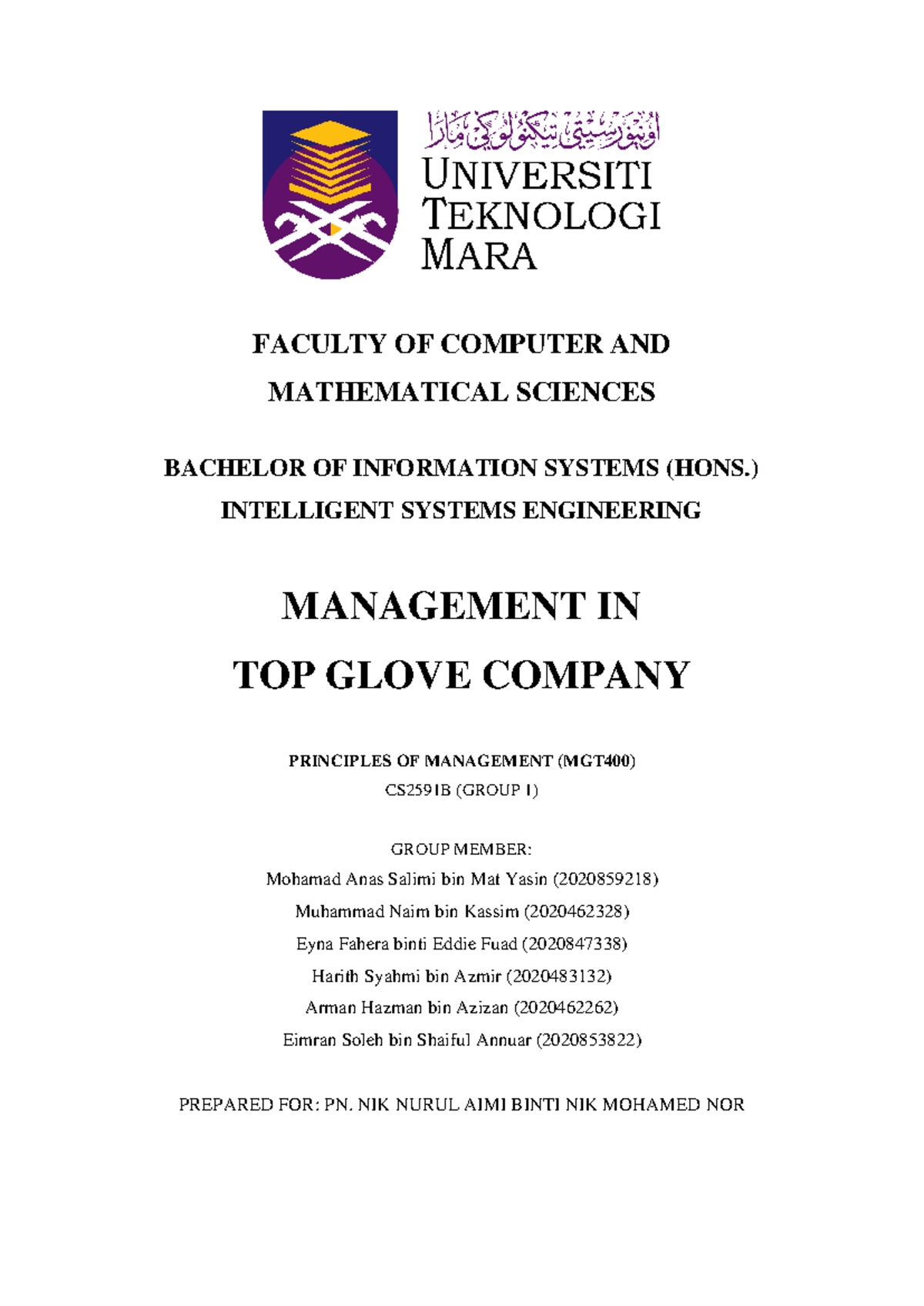 MGT400 - Principles of Management (Top Glove ) - FACULTY OF COMPUTER ...