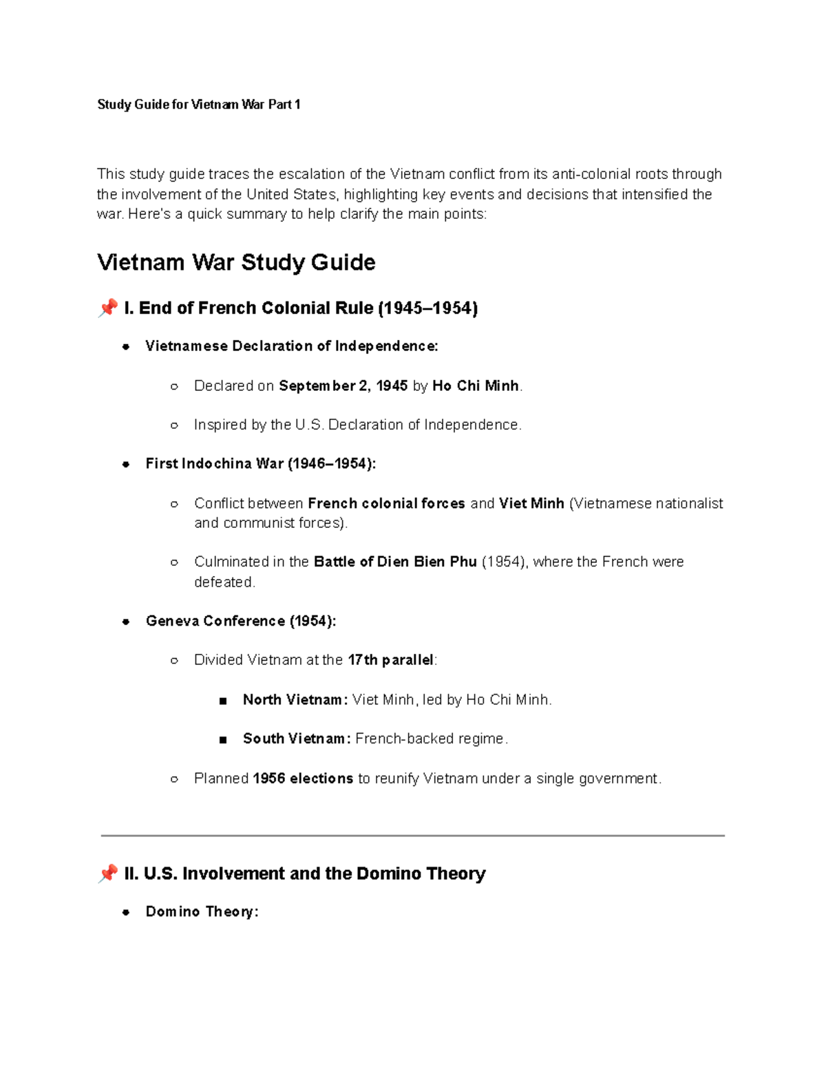 Vietnam War Study Guide: U.S. Involvement and Key Events (Part 1 ...