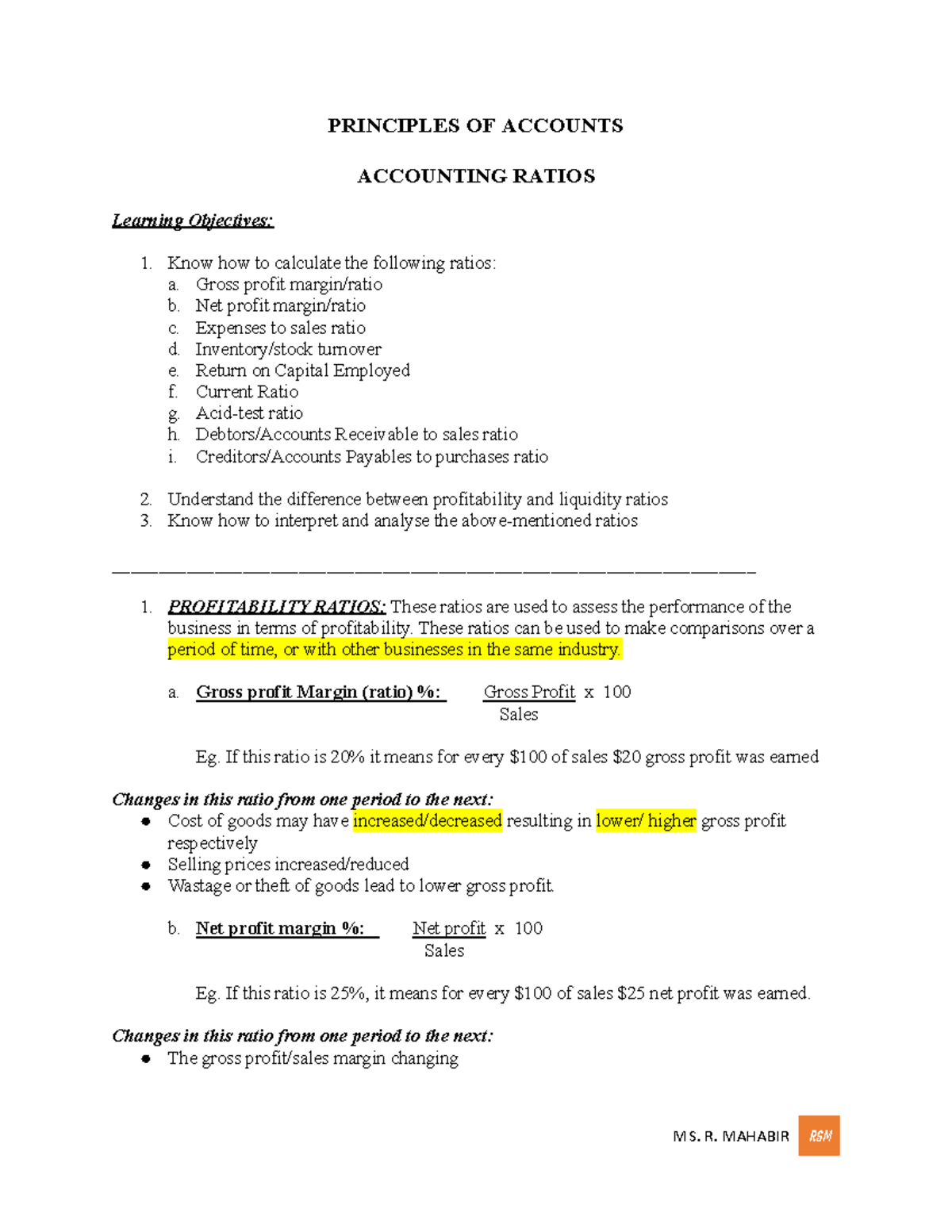 Accounting Ratios Analysis for Principles of Accounts (ACCT101) - Studocu